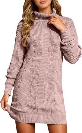 Generic Robe amincissante en tricot &agrave; manches longues et col roul&eacute; - Coupe ajust&eacute;e - Pull mi-long pour lautomne et lhiver, rose, XXL