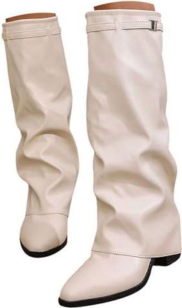 Generic Bottes montantes pour femme, bottes montantes repliables pour femme, bout pointu, gros talon bloc, bottes longues, mollet large, ample, à enfiler, bot