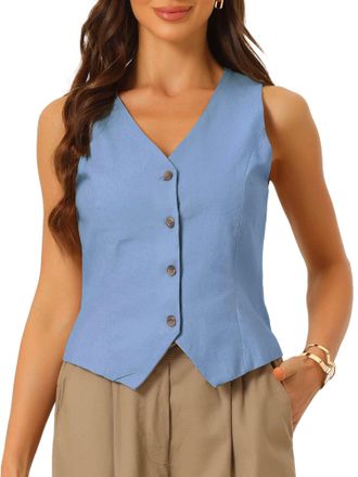 Allegra K Damen Business Weste Modisch &Auml;rmellos Knopfleiste V-Ausschnitt Verstellbar R&uuml;cken Leicht Sommerweste Hellblau XS