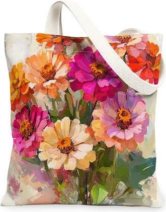 Generic Spring Zinnia Sac fourre-tout en toile r&eacute;utilisable pour faire du shopping 33 x 38,1 cm, motif floral aquarelle, sac d&eacute;picerie pour femme, plage botan