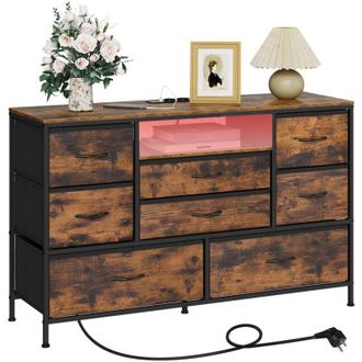 Woltu Commode &agrave; 8 Tiroirs en Tissu Woltu Meuble tv avec Lumi&egrave;re LED,Armoire avec Station de Recharge, Brun Rustique et Noir
