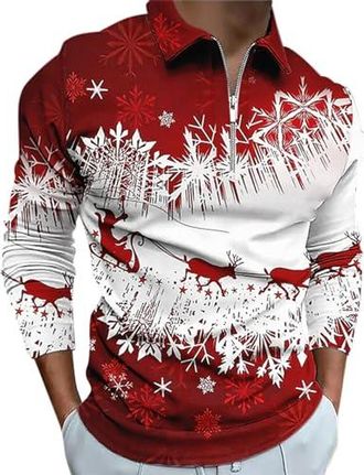 Generic Chemise de No&euml;l &agrave; manches longues pour homme - Polo de No&euml;l amusant et d&eacute;contract&eacute; avec fermeture &eacute;clair 1/4 - Col rabattu - Chemise de loisirs avec i