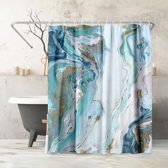 Americanflat Duschvorhang 180x188 cm, Blau und Grün, 100% Polyester & Wasserabweisend, Badewanne Vorhang mit Metallösen & 12 Dusch Vorhang Ringen, Duschvorhänge fü