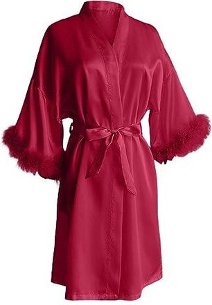 Generic Peignoir en satin l&eacute;ger pour femme - Robe de chambre - Kimono fin - Manchettes en plumes - Chemise de nuit sexy - Peignoir de sauna pour sauna, voyage
