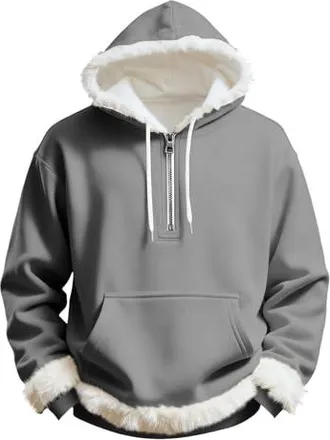 Generic DENGJIAMY - Sweat à capuche de Noël pour homme, chemise de Noël grande taille avec col en fourrure synthétique et bordure en fausse fourrure, pull zip