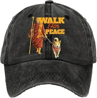 Generic Walk for Peace Monks with Aloka Dog Print Baseball Cap, Retro Denim Style, Funny Graphic Hat, Noir