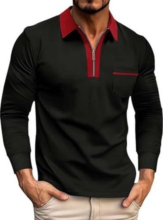 Generic Polo pour homme avec fermeture &eacute;clair 1/4 - L&eacute;ger et respirant - Manches longues - Pour printemps et automne - Confortable, BK3., XXL