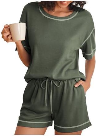 Ekouaer Ensemble de Pyjama Femme à Manches Courtes Pyjama Short Femme Été Pyjama Col Rond Haut et Shorts avec Poches Vert Armée