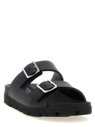 Prada Adjustable Metal Buckle Slide Sandals - Black