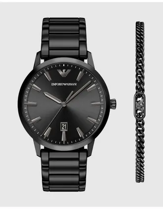 Emporio Armani Uhrenset mit schwarzem Edelstahlarmband und Armband, Dreizeiger-Datum in Schwarz