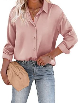 Beyove Chemisier Femme Satin Soie Col V Chemises Élégantes Hauts Business avec Boutons Manches Longues Rose Taille XL