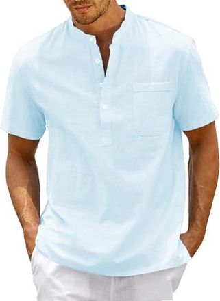 Generic Chemise en lin pour homme &agrave; manches courtes - Chemise d&eacute;t&eacute; en coton - Chemise de travail respirante avec boutonni&egrave;re - Chemise sur pied - Chemise surd