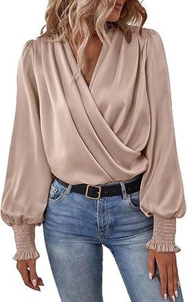 Generic Chemise &eacute;l&eacute;gante pour femme avec col en V et manches superbes, chemise de couleur unie &agrave; porter avec des leggings, beige, XL