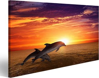 Islandburner Bild auf Leinwand Delfin Springende Delfine Schöner Roter Sonnenuntergang Am Meer Bilder Wandbilder Poster