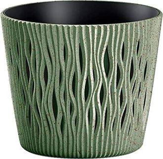 Prosperplast Blumentopf, gr&uuml;n, mit Tank, Sandy Round Eco Wood, 12,8 x 12,8 x 11,1 cm, Fassungsverm&ouml;gen 0,9 l