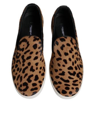 Dolce & Gabbana Mens Brown Calfskin Fur Leopard Sneakers Shoes Black And Calf Leather