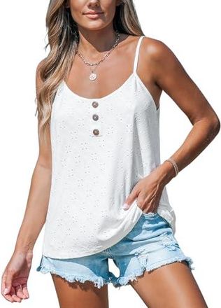 Cupshe Cami Top &agrave; oeillets pour femme, col rond en bois, bretelles spaghetti, l&eacute;ger, pour l&eacute;t&eacute;, la plage, d&eacute;contract&eacute;, blanc, S
