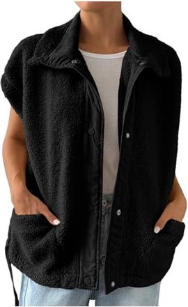 Generic Gilet en polaire pour femme - Gilet léger sans manches pour femme, poches à revers boutonnées, gilet dextérieur, veste duveteuse sherpa, solide, doux 