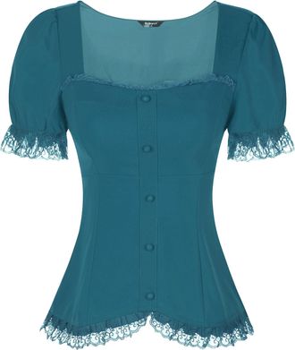 Allegra K Damen Spitze Gothic Bluse Kurzarm Herzf&ouml;rmiger Ausschnitt R&uuml;schen Puff&auml;rmel Oberteil Pfauenblau S