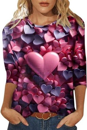 Generic T-shirt &agrave; col rond et manches trois-quarts pour la Saint-Valentin 2026, violet, XXL