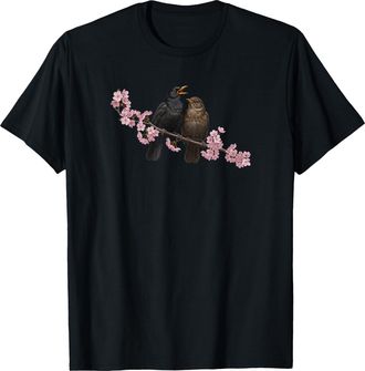 jz.birds Amsel P&auml;rchen in Kirschbl&uuml;ten Gartenvogel Singvogel Vogel T-Shirt