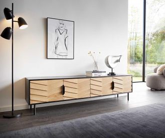 DELIFE Lowboard Muvi 200 cm Eiche Natur Mango Schwarz Metall Schwarz 4 T&uuml;ren, Fernsehtische