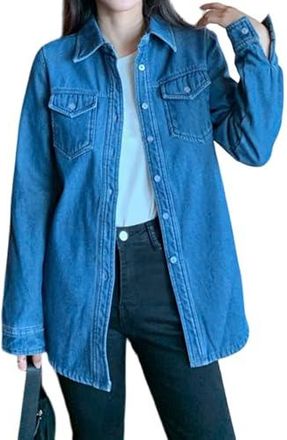 Generic Veste en jean doubl&eacute;e en polaire pour femme, manches longues, boutonn&eacute;e, d&eacute;contract&eacute;e, v&ecirc;tement dext&eacute;rieur pour lautomne et lhiver, bleu clair, 3XL