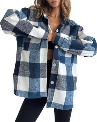 Generic Vestes &agrave; carreaux pour femmes 2026 &agrave; manches longues en flanelle &agrave; revers boutonn&eacute;e veste manteaux, bleu, XL