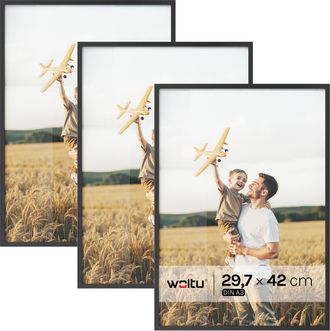 Woltu Bilderrahmen A3 29,7x42 cm, 3 Set, Fotorahmen Schwarz, Aluminium, mit Passepartout, zum vertikalen oder horizontalen Aufh&auml;ngen/Aufstellen, f&uuml;r Fotos, 