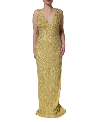 Dolce & Gabbana Womens Sequinned V-Neck Gown Gold Glass Pvc Nylon