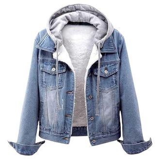 Generic Veste dhiver pour femme sweat &agrave; capuche d&eacute;tachable en fourrure sherpa doubl&eacute;e de molleton en jean chaud vestes de camionneur manteau avec poches (Bleu