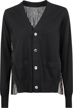 sacai Femme, Pulls, Noir, Taille: 42 FR Gilet en Laine à Col en V avec Inserts en Chiffon Floral