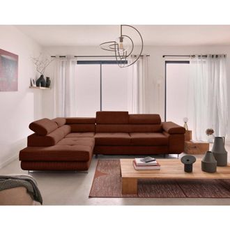 Best Mobilier Zaria - ecksofa links - mit schlaffunktion und bettkasten sowie verstellbaren kopfst&uuml;tzen - 5-sitzer - aus cord - terrakotta