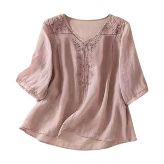 Generic T-shirt en lin pour femme - Col en V - Broderie d&eacute;t&eacute; - Nouvelle chemise litt&eacute;raire ample, lilas, XXL