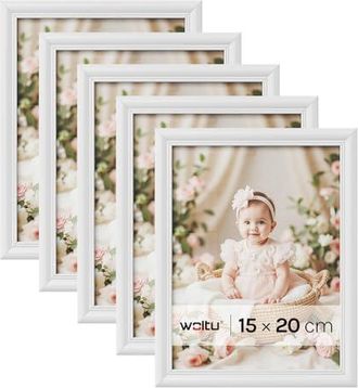 Woltu Lot de 5 Cadre Photo 15x20cm Cadre en Bois Massif avec Passe Partout, Suspendre Horizontalement ou Verticalement, D&eacute;coration Murale ou sur Table, Blan