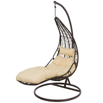 Patio H&auml;ngesessel mit Gestell H&auml;ngestuhl Indoor Outdoor Polyrattan braun Stahlgestell beige Auflage Kopfkissen Titus Wenge