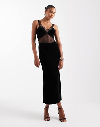 Never Fully Dressed Robe longue en velours avec empiècements en dentelle - Noir