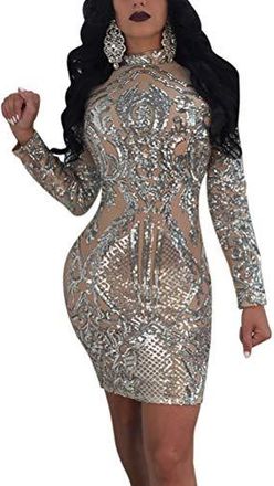 ORANDESIGNE Robe Femme Couleur Unie Robe Soirée Manches Longues à Franges Robe Cocktail Col Rond Robe Moulante à Paillettes Sexy Slim S/M/L/XL B Argenté FR 38