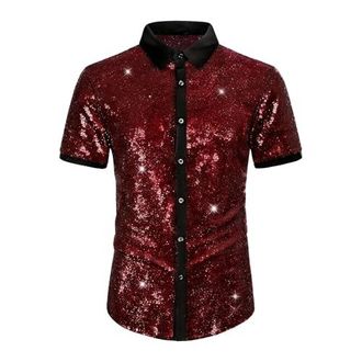 Generic Chemise &agrave; paillettes &agrave; manches courtes et col &agrave; revers pour homme, chemise boutonn&eacute;e scintillante, grande taille, tenue de soir&eacute;e disco des ann&eacute;es 70,