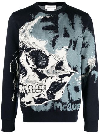 Alexander McQueen pull &agrave; motif t&ecirc;te de mort en jacquard - Bleu