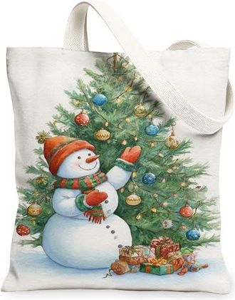 Generic Sacs fourre-tout en toile motif bonhomme de neige, sacs de courses r&eacute;utilisables, design festif, l&eacute;ger et lavable, bandouli&egrave;re, Blanc, 13x15 Inch