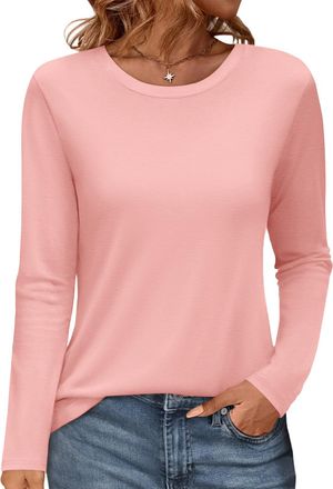 Onsoyours Damen Rundhals Tshirt Langarm Pullover Herbst Winter Oberteile Einfarbig Basic Longshirt Tops A Rosa XXL