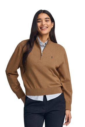 Polo Club Pullover camel meliert aus Wollgemisch mit halbem Rei&szlig;verschluss am Kragen und gesticktem Rigby Go-Logo