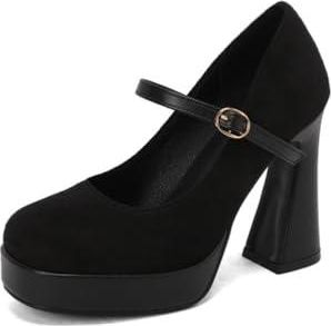 Generic Femmes Suede Mary Jane Pompes Plate-Forme Haut Chunky Talons Rond Bout Fermé Boucle Sangle Chaussures Habillées,Noir,38.5 EU