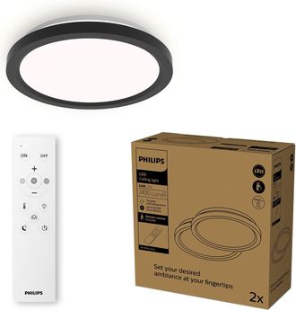 Philips LED-Deckenleuchte mit Fernbedienung, rund, 30 cm, dimmbar, Tunable White, Wohnzimmer, Schlafzimmer, kein Flimmern oder Blenden, modernes Design, schwa