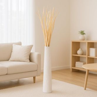 Leewadee Große Deko Bodenvase Für Dekozweige, Hohe Standvase Für Pampasgras, Design Holzvase, 85 cm, Weiß