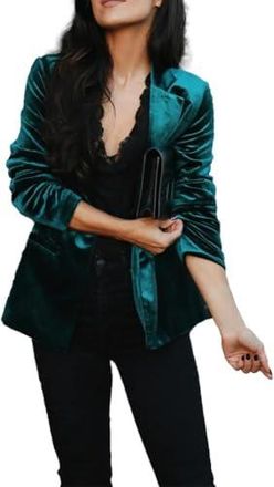 Generic Blazer en velours à revers pour femme - Veste de costume en velours - Blazer ouvert sur le devant - Blazer uni à manches longues en velours, Vert, XL