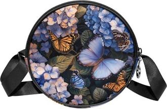 Generic Sac &agrave; bandouli&egrave;re rond pour femme, motif fleurs et papillons, petit sac &agrave; bandouli&egrave;re avec fermeture &eacute;clair, bretelles r&eacute;glables, sac &agrave; main rond d&eacute;co