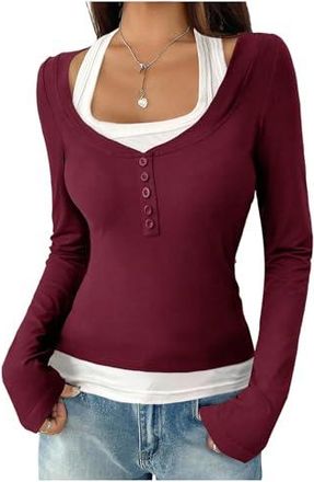 Generic Lot de 2 chemises patchwork &agrave; manches longues pour femme - Pour sortir - Automne et hiver - V&ecirc;tements tendance d&eacute;contract&eacute;s 2026, Bordeaux et blanc, X