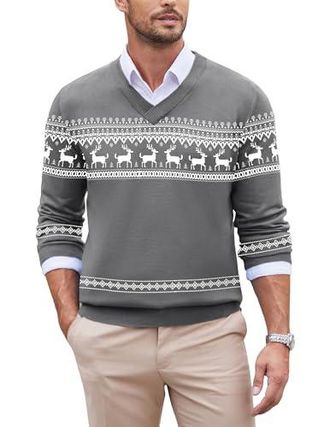 Coofandy Pull de No&euml;l Homme Col V Pull Tricot Classique Pullover Hiver Pulls en Maille Casual Regular Fit Sweater &agrave; Manches Longues Renne de No&euml;l - Gris fonc&eacute; 